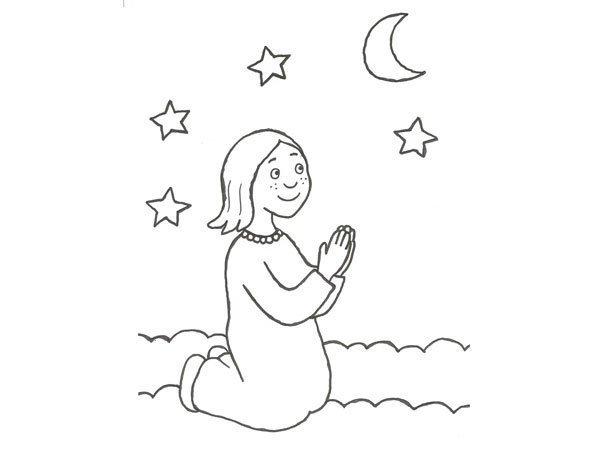Desenho de uma menina rezando para pintar